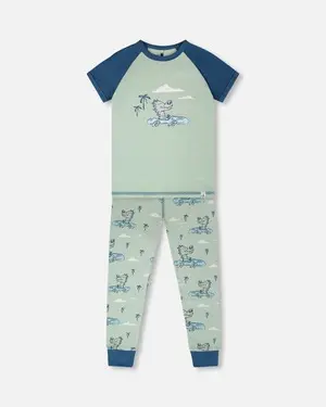 DEUX PAR DEUX Organic Cotton Crocodile Two-piece Pyjama Set - Green Printed Crocodiles