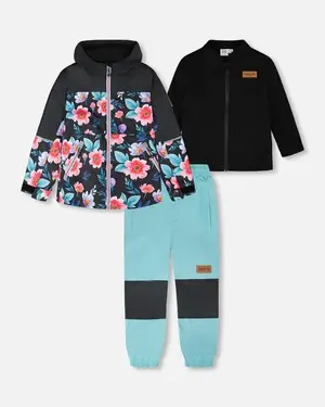 DEUX PAR DEUX 3-in-1 Printed Mid-season Outerwear Set - Black Printed Flowers