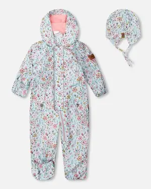 DEUX PAR DEUX Baby Mid-season One-piece Outerwear With Hat - Blue Mini Flower Print