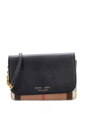Burberry Hampshire Wallet On Chain Leather And House Check Canvas Crossbody Bag - Black
