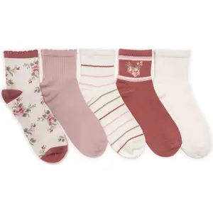 MUK LUKS Quarter Crew Novelty Socks 5 Pack - Pink Floral
