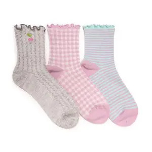 MUK LUKS Embroidered Quarter Crew Socks 3 Pair Pack - Grey/pink