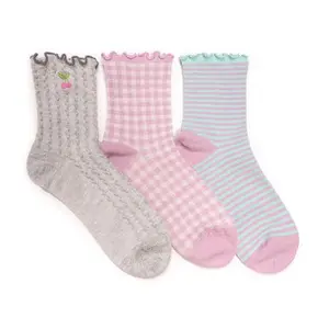 MUK LUKS Embroidered Quarter Crew Socks 3 Pair Pack - Grey/pink