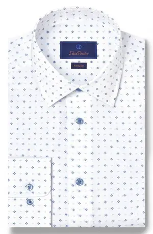 David Donahue Regular Fit Neat Cotton Dobby Dress Shirt - White/blue