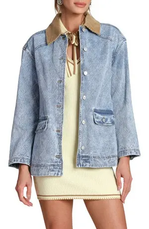 Avec Les Filles Relaxed Contrast Collar Barn Jacket - Light Wash Diamond