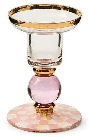 MACKENZIE-CHILDS Check Small Glass Candleholder - Rosy
