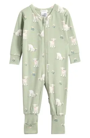 PETIT LEM Little Lambs Fitted Stretch Organic Cotton Blend Convertible Footie Pajamas - Sage