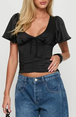 Princess Polly Satin Crop Top With Tie Detail - Black