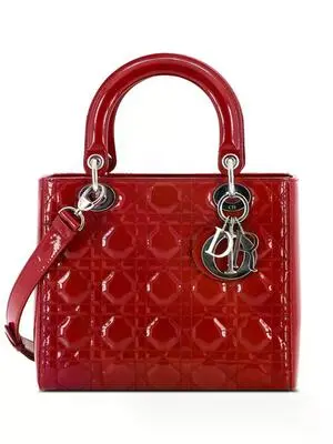 Dior Lady Cannage Quilt Patent Medium Satchel - Red
