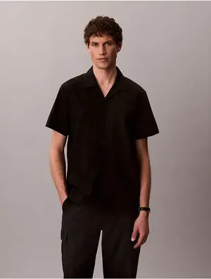 Calvin Klein Linen Cotton Short Sleeve Button-down Shirt - Black