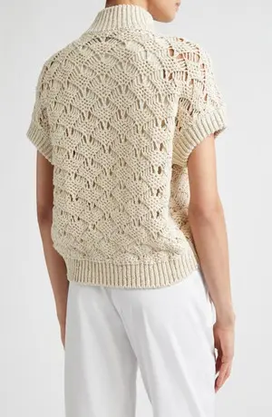 Eleventy Sequin Crochet Short Sleeve Cardigan