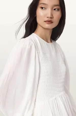 ALLSAINTS Chia Smock Bodice Long Sleeve Minidress - White