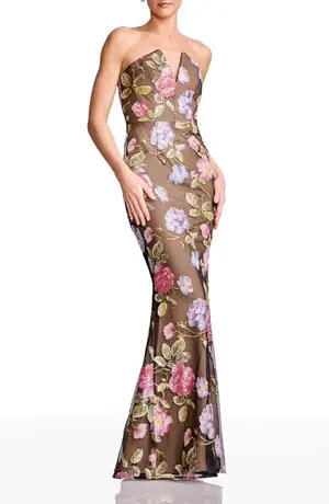 Dress The Population Fernanda Embroidered Floral Strapless Gown - Black Multi