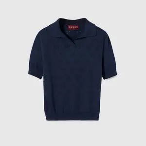 Gucci Gg Pointelle Cotton Silk Polo Shirt - Blue