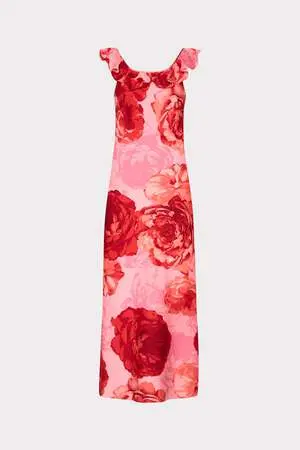 MILLY Scarlett Printed Ruffle Neck Midi Dress