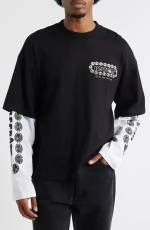 ICECREAM Jupiter Layered Long Sleeve Cotton Graphic T-shirt - Black