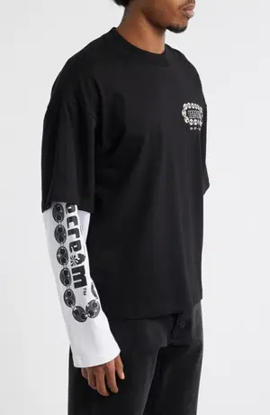 ICECREAM Jupiter Layered Long Sleeve Cotton Graphic T-shirt - Black