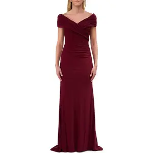 La Femme Off-the-shoulder Ruched Evening Dress - Dark Berry