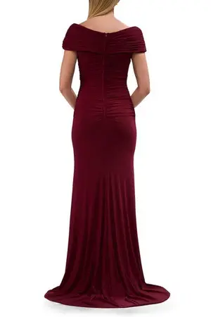 La Femme Off-the-shoulder Ruched Evening Dress - Dark Berry
