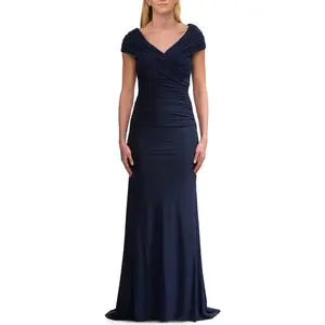 La Femme Off-the-Shoulder Ruched Evening Dress Navy