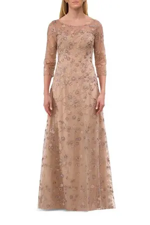 La Femme Floral Gown With Illusion Neckline - Cocoa