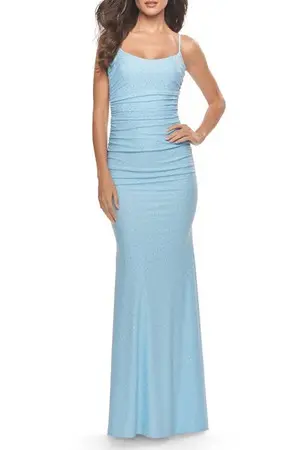 La Femme Jeweled Jersey Gown With Open Back - Cloud Blue