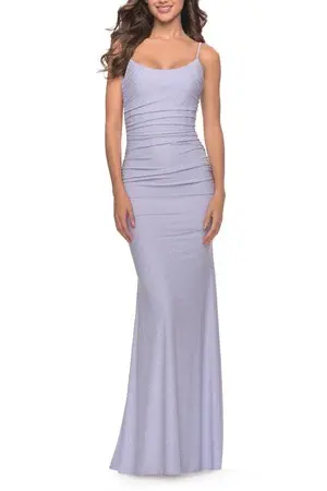 La Femme Jeweled Jersey Gown With Open Back - Light Periwinkle
