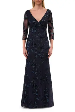 La Femme Sequin Lace Empire Waist Gown - Navy