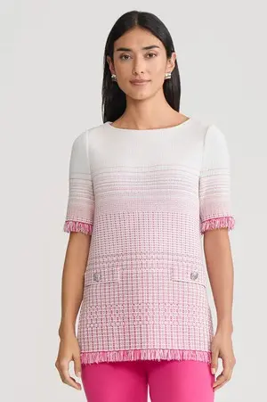 Ming Wang Jacquard Knit Tunic With Fringe Trim
