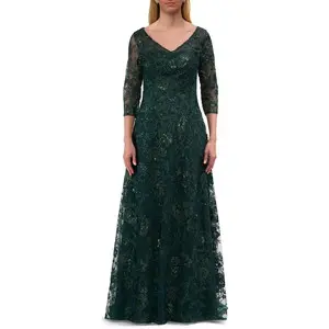 La Femme Lace Floral Gown With V-neck - Dark Emerald