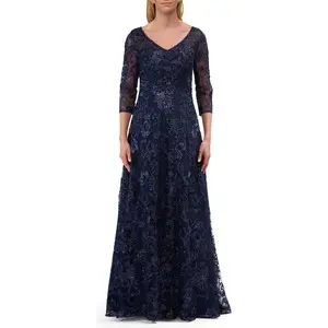 La Femme Lace Floral Gown With V-neck - Navy