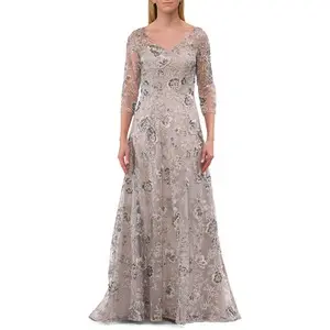 La Femme Lace Floral Gown With V-neck - Silver