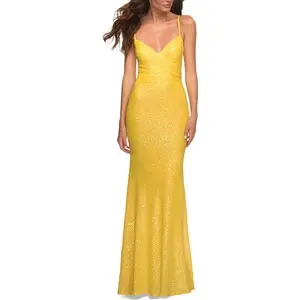 La Femme Sequin Strappy Back Prom Gown - Yellow