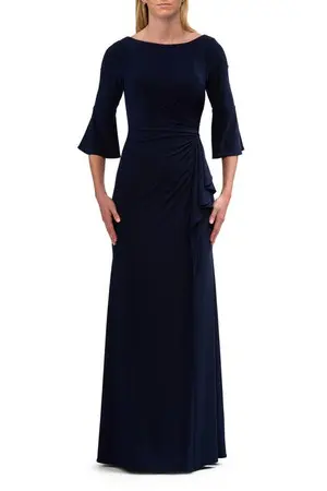 La Femme Evening Dress With Bell Sleeves - Navy