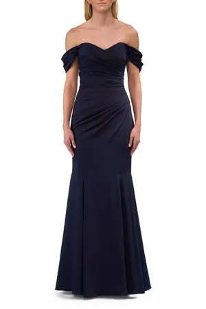 La Femme Off-the-shoulder Gown With Side Pleating - Navy