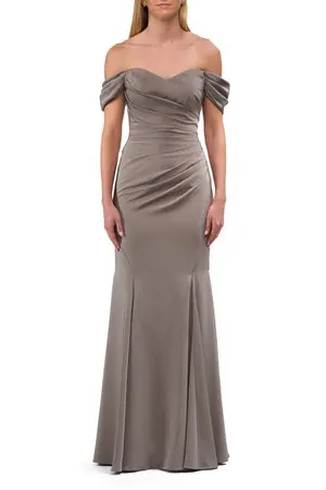 La Femme Off-the-shoulder Gown With Side Pleating - Pewter