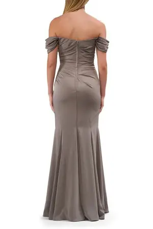 La Femme Off-the-shoulder Gown With Side Pleating - Pewter