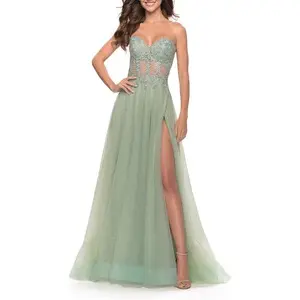 La Femme Rhinestone Tulle Gown With Sheer Lace Bodice - Sage