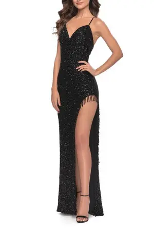 La Femme Sequin Gown With Fringe Beaded Slit - Black