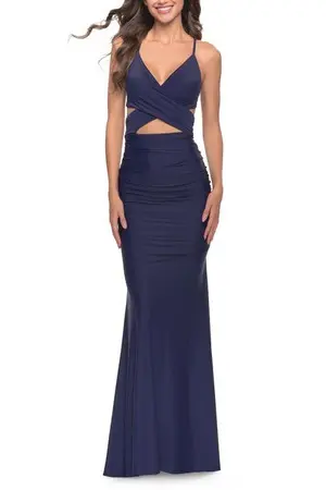 La Femme Long Jersey Dress With Criss Cross Bodice - Navy