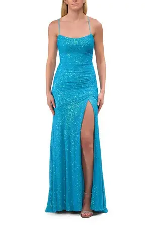 La Femme Sequin Gown With Lace-up Back And Slit - Aqua