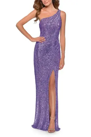 La Femme Sequin One-shoulder Gown - Lavender