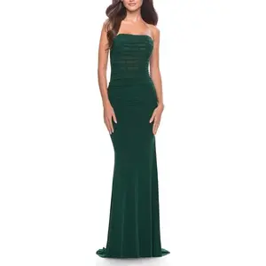 La Femme Strapless Net Jersey Dress - Emerald