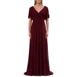 La Femme Net Jersey Long Dress With Ruffle Sleeve - Wine
