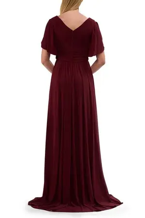 La Femme Net Jersey Long Dress With Ruffle Sleeve - Wine