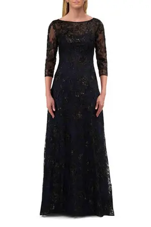 La Femme Lace Gown With Illusion Neckline - Black/navy