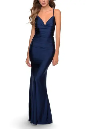 La Femme Form Fitting Jersey Gown With Strappy Back - Navy