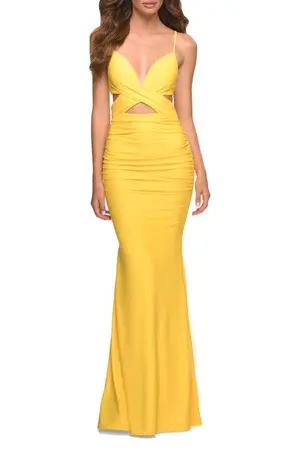 La Femme Long Jersey Gown With Cutouts