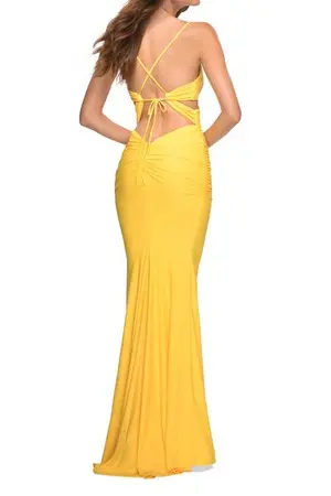 La Femme Long Jersey Gown With Cutouts