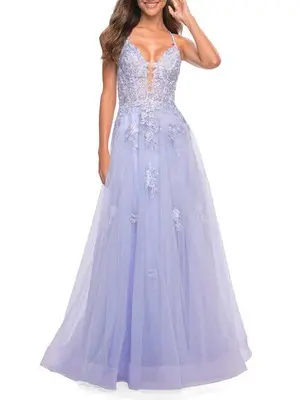 La Femme Tulle A-line Dress With Jeweled Lace Appliques - Lilac Mist